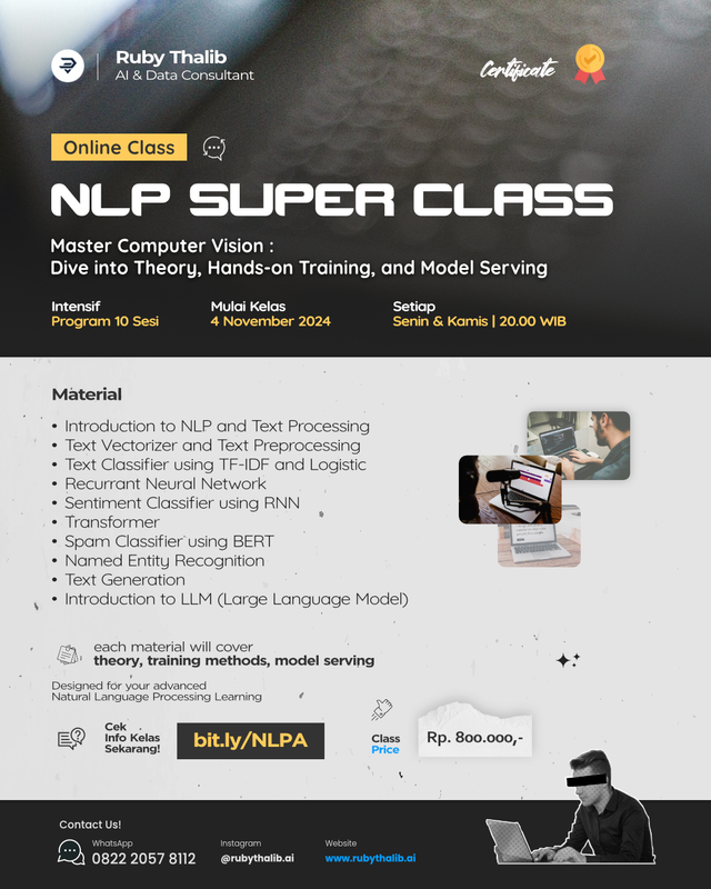 [DISKON 30%] Online Class Computer Vision + NLP [Super Class] Package | Clicky